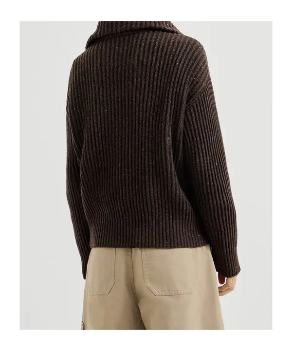 Brunello Cucinelli Ribbed Cardigan With Zipper And Monili Detail - Brown