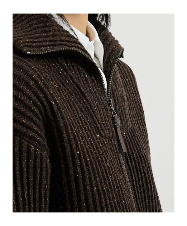 Brunello Cucinelli Ribbed Cardigan With Zipper And Monili Detail - Brown
