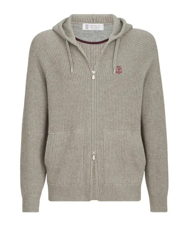 Brunello Cucinelli Logo Embroidered Zipped Cardigan - Stone Gray