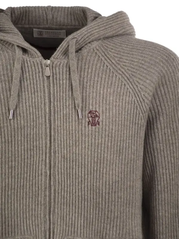 Brunello Cucinelli Logo Embroidered Zipped Cardigan - Stone Gray