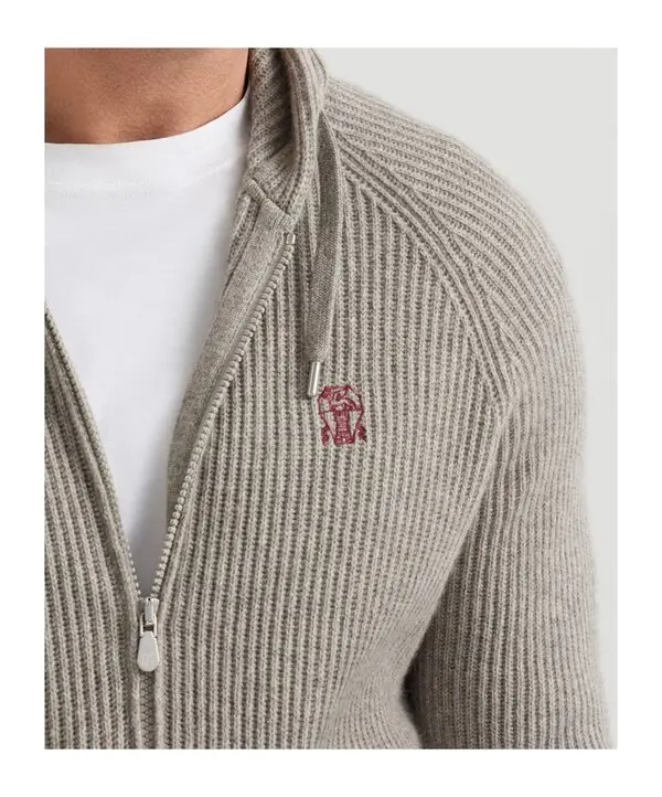 Brunello Cucinelli Logo Embroidered Zipped Cardigan - Stone Gray