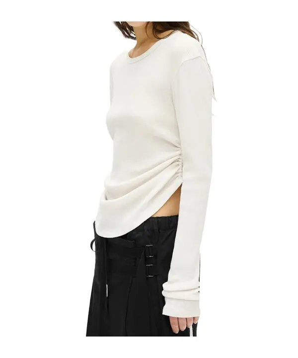 ANN DEMEULEMEESTER Ribbed Knit Ruched Long Sleeve Top - White