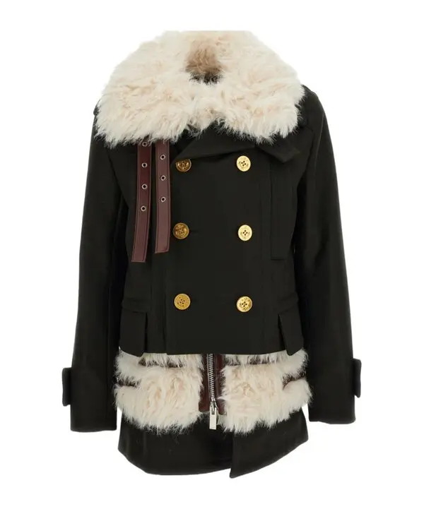 Sacai Double-breasted Coat With Fur Trim