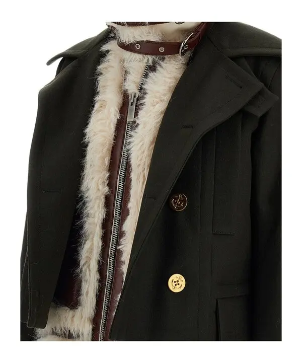 Sacai Double-breasted Coat With Fur Trim
