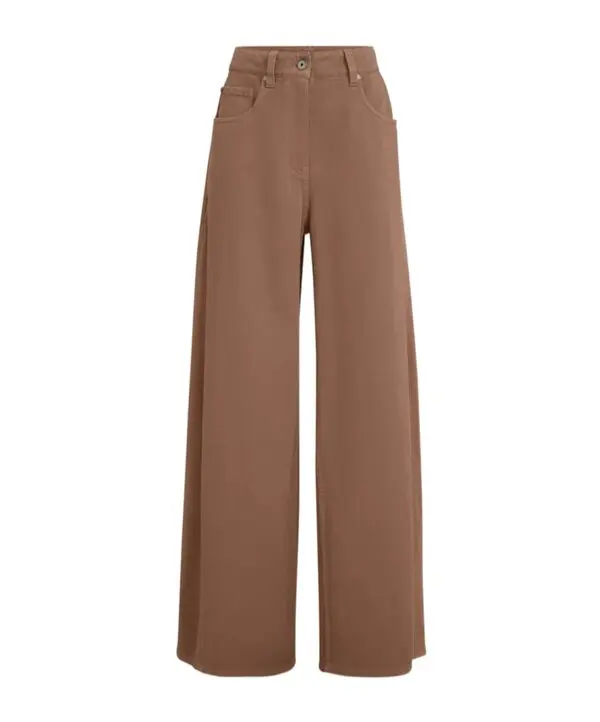 Brunello Cucinelli Dyed Denim Wide-leg Trousers With Monili Detail - Brown