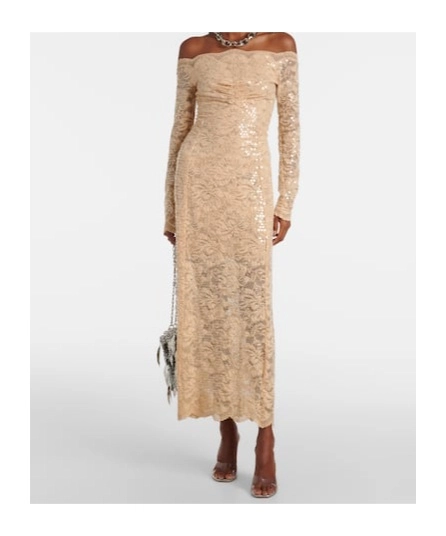 Rabanne Sequined Off-shoulder Lace Maxi Dress