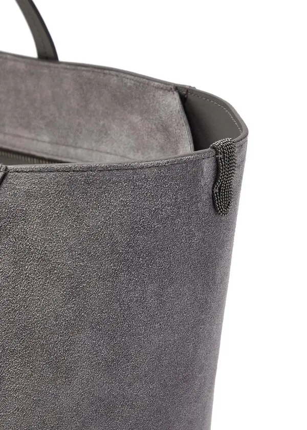 Brunello Cucinelli Medium Suede Tote With Beaded Embellishments - Grey