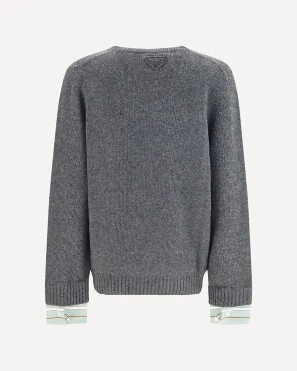 Prada Crewneck Wool Sweater With Integrated Cuffs - Grey