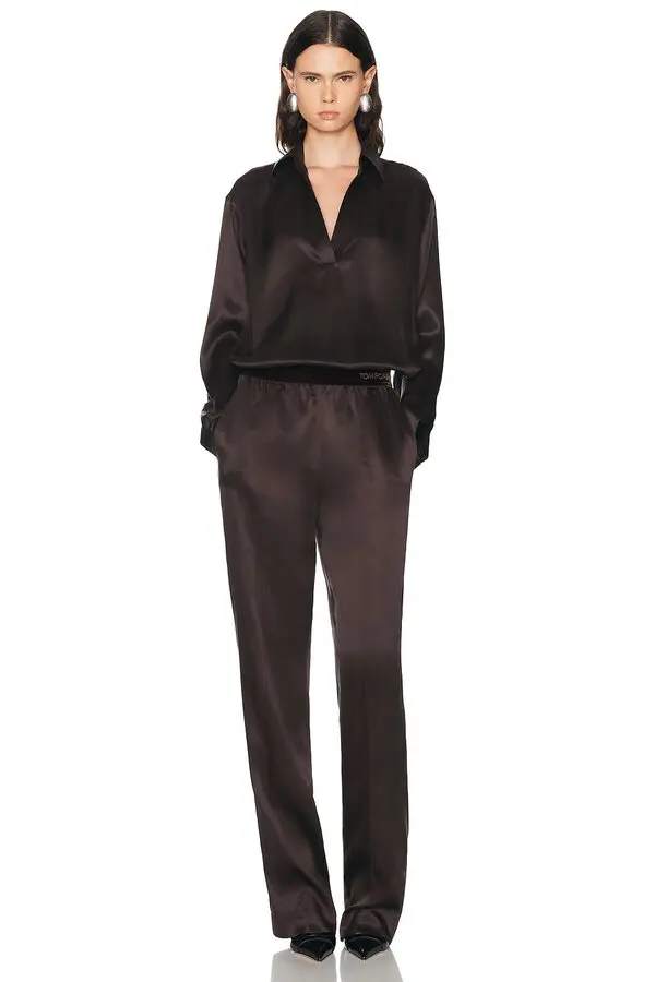 TOM FORD Silk Satin Polo Top - Espresso