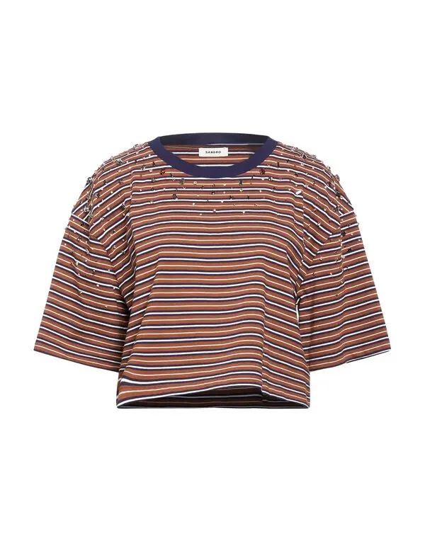 Sandro Striped Cotton T-shirt With Embellishments