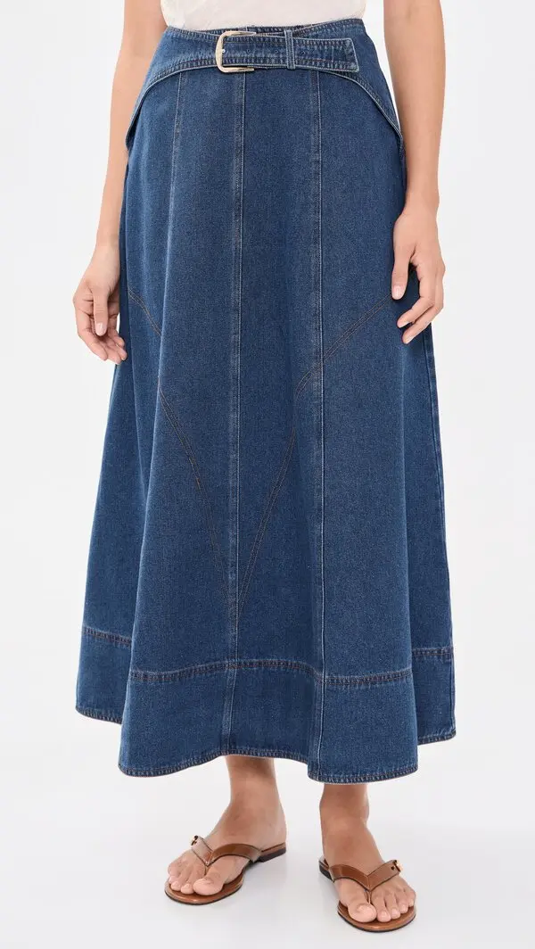Moon River Belt Buckle Detail Denim Midi Skirt