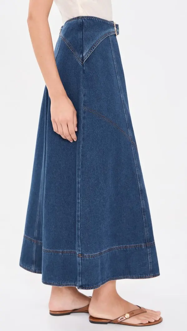 Moon River Belt Buckle Detail Denim Midi Skirt