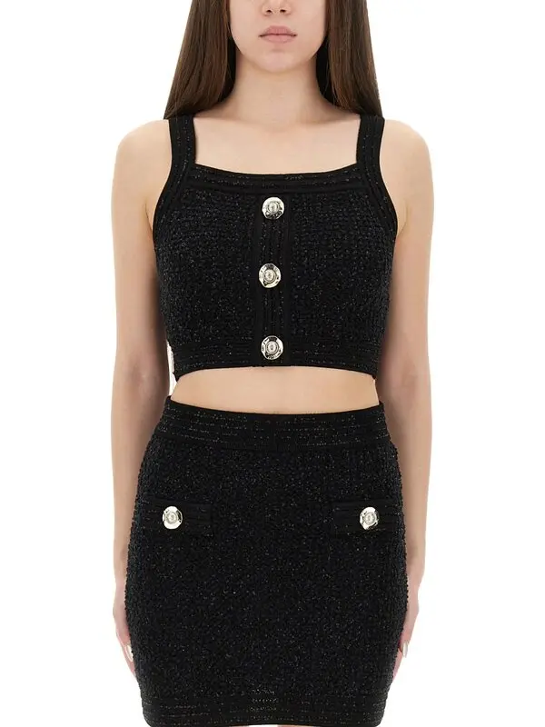 Balmain Cropped Tweed Top With Button Detail - Black