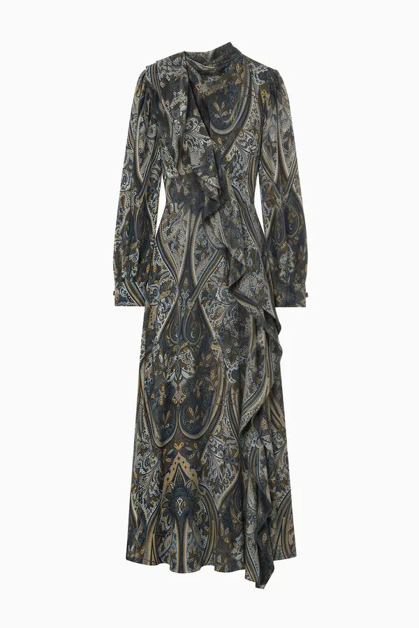 Ulla Johnson Sabrina Silk Dress With Ruffle Details And Tie Neckline - Prussian