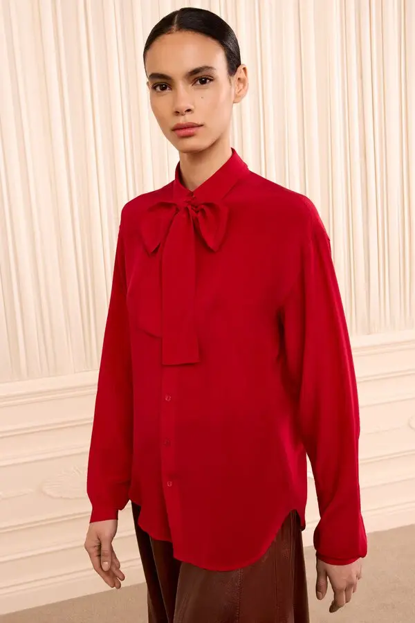 Ulla Johnson Lise Long Sleeve Silk Blouse With Bow Detail - Cerise