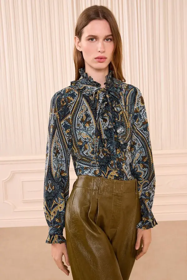 Ulla Johnson Catroux Long Sleeve Silk Blouse With Ruffled Collar And Bow Detail - Prussian