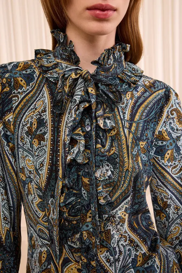 Ulla Johnson Catroux Long Sleeve Silk Blouse With Ruffled Collar And Bow Detail - Prussian