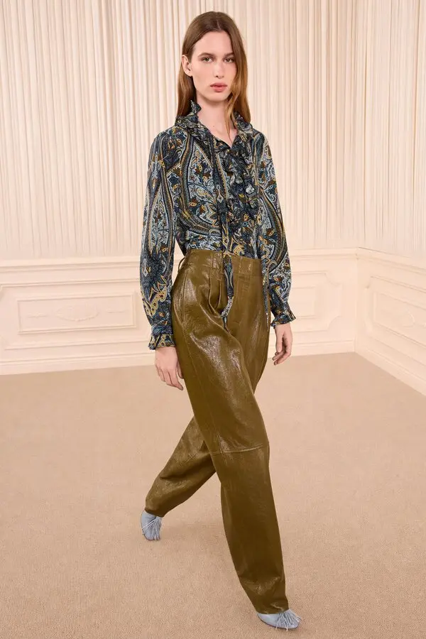 Ulla Johnson Catroux Long Sleeve Silk Blouse With Ruffled Collar And Bow Detail - Prussian