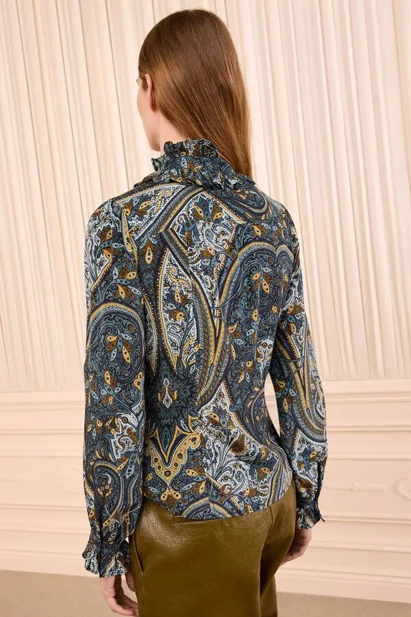 Ulla Johnson Catroux Long Sleeve Silk Blouse With Ruffled Collar And Bow Detail - Prussian
