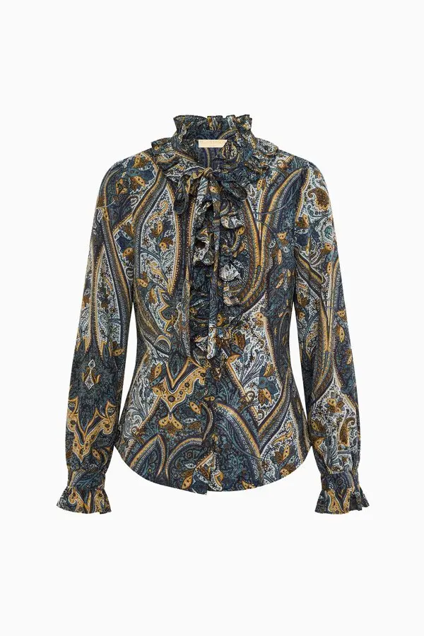 Ulla Johnson Catroux Long Sleeve Silk Blouse With Ruffled Collar And Bow Detail - Prussian