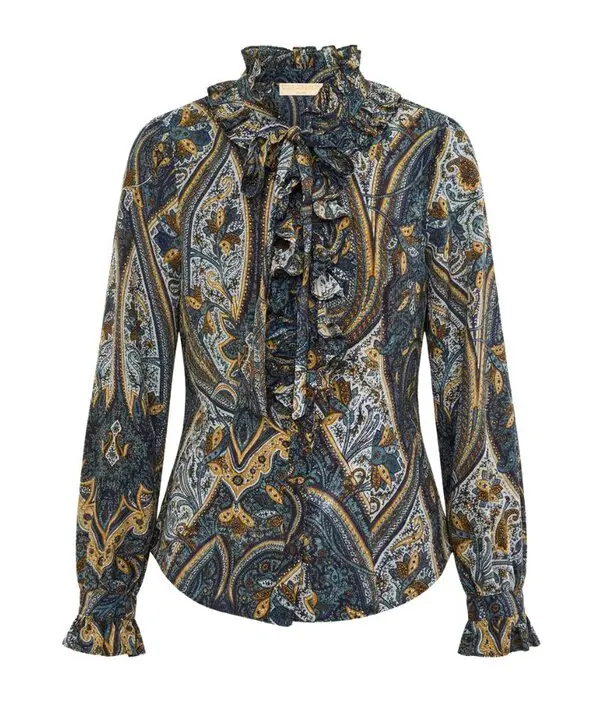 Ulla Johnson Catroux Long Sleeve Silk Blouse With Ruffle And Bow Detail - Prussian