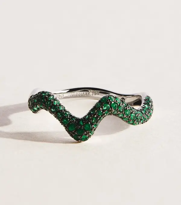 Shay White And Emerald Wave Ring - Gold