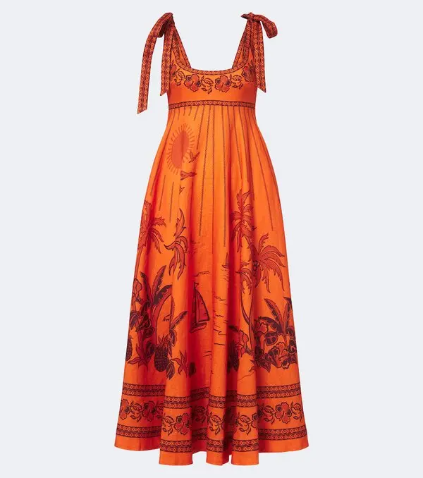 ALEMAIS Alémais Boathouse Printed Linen Midi Dress - Orange