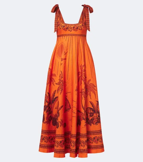 ALEMAIS Printed Linen Midi Dress - Orange