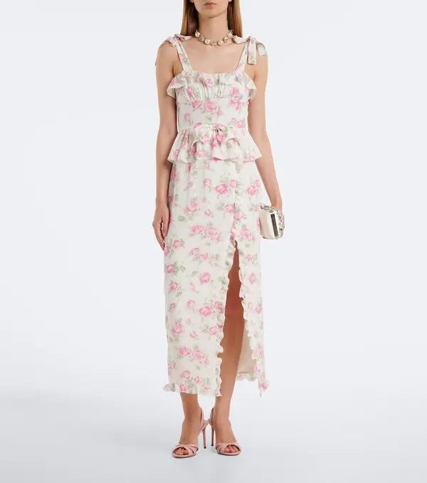 Alessandra Rich Floral Ruffled Silk Midi Dress - Pink