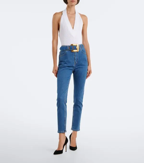 Balmain Belted High-rise Cropped Jeans In Bleu Jean Fonce