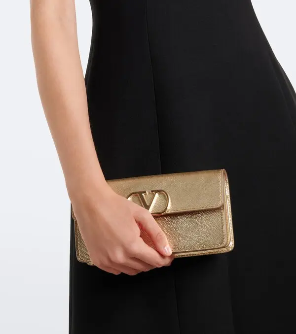 Valentino Garavani Vlogo Metallic Leather Wallet On Chain