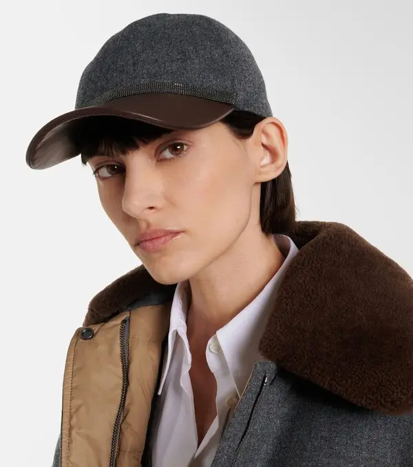 Brunello Cucinelli Monili Baseball Cap In Leather And Virgin Wool - Grey