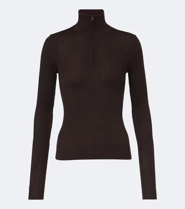 THE FRANKIE SHOP Sade Ribbed-knit Wool And Silk Half-zip Sweater - Brown