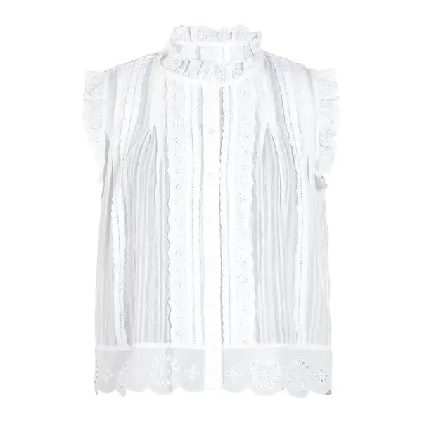 ROSE & NANCY Cotton Lace Trim Button-up Top