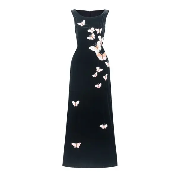 SILK AND BEARS Hand-embroidered Silk Velvet Maxi Evening Dress — Butterfly — Velvet Atelier - Black