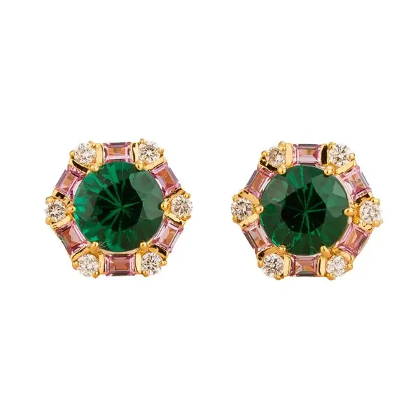 JUVETTI  Green / Pink Melba Gold Earrings Emerald, Pink Sapphire & Diamond
