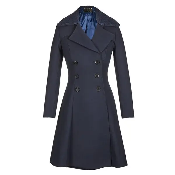 SERRAN LONDON Double Breasted Flared Coat Navy