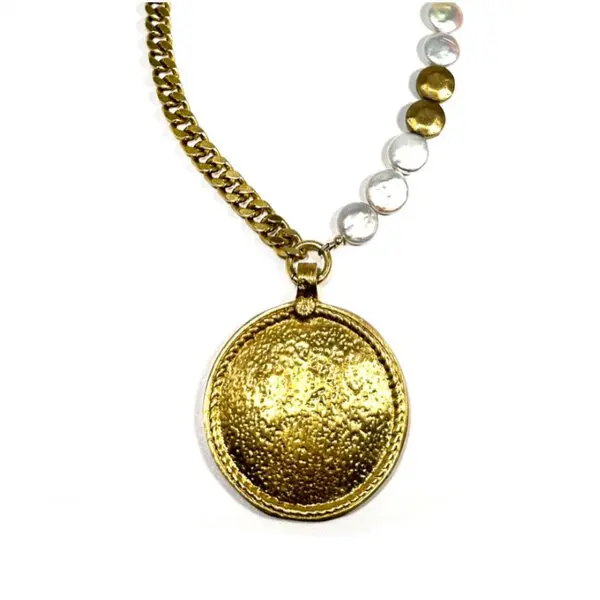 Rachel Nathan White / Gold Pearl Coin & Shield Necklace - White/gold