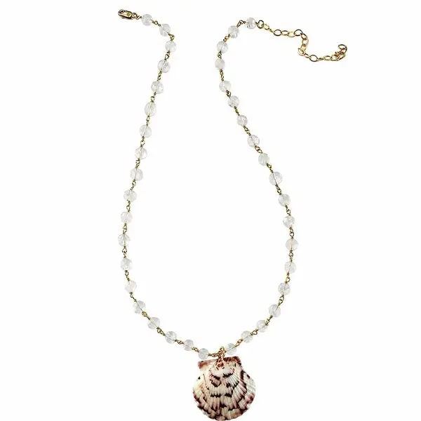 HEATHER HAWKINS Short Scallop Shell Coin Gemstone Necklace Rainbow Moonstone - White