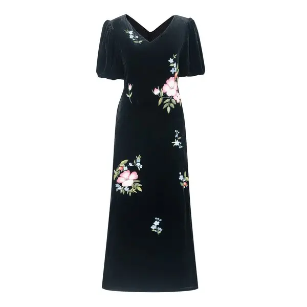SILK AND BEARS Hand-embroidered Silk Velvet Puff-sleeve Maxi Dress — Floral — Velvet Atelier - Black