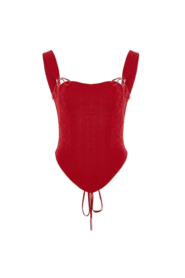 PCFG The Broderie Anglaise Edit Structured Embroidered Corset - Red