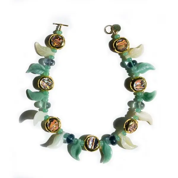 EDGAR NAVARRO JEWELRY Edgar Navarro Jade Leaf Necklace With Fluorite And Mother Of Pearl Accents - Green/gold