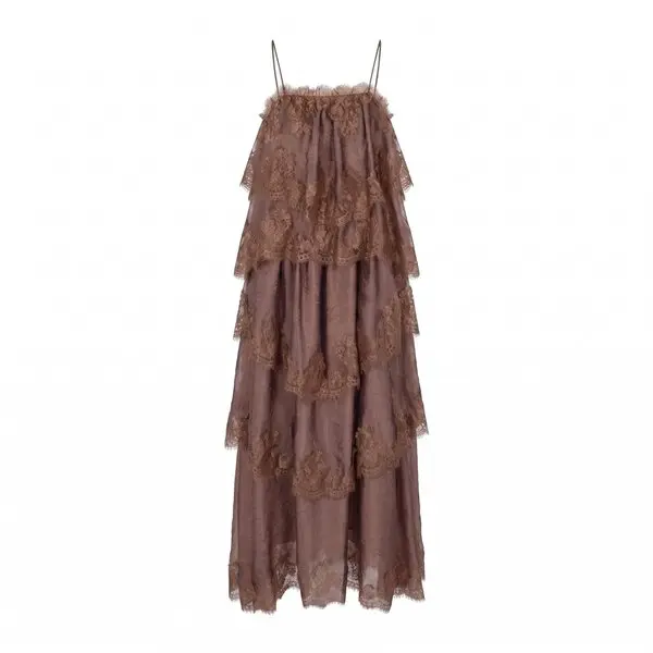 MODENAIRE Sleeveless Lace Tiered Maxi Dress With Leaf-edge Hem