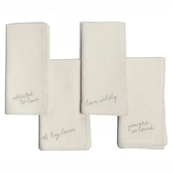HOUSE OF REVELRY Neutrals Love Notes Embroidered Cotton-linen Napkins Set - Gray