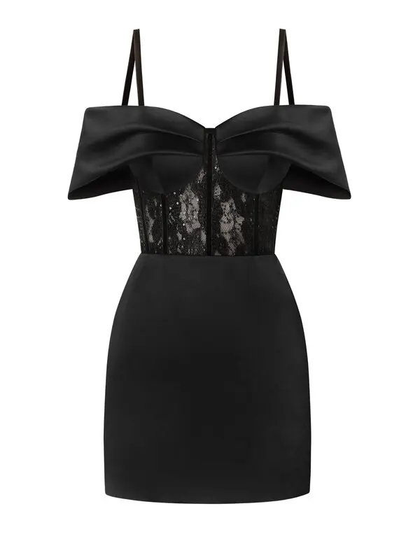 TIA DORRAINE Belle Of The Ball Satin Mini Dress With Lace Corset - Black