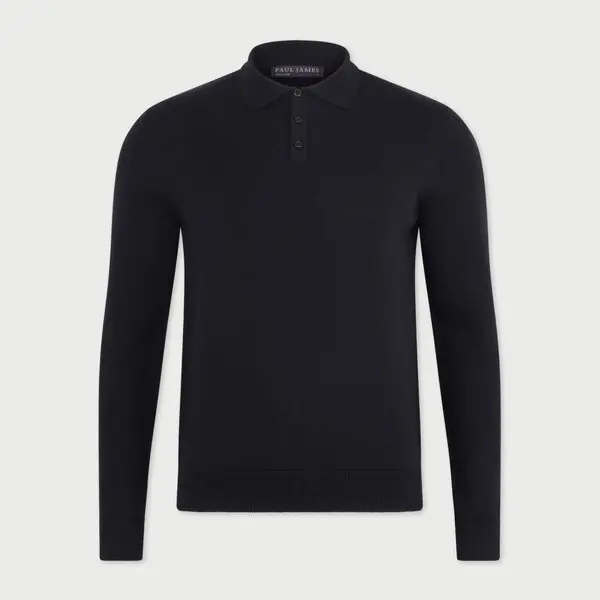 PAUL JAMES KNITWEAR Lightweight Cotton Hall Long Sleeve Knitted Polo Shirt - Black
