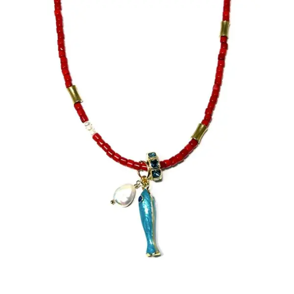 Rachel Nathan Red Bamboo Coral & Nautical Charms Necklace - Blue/red/gold