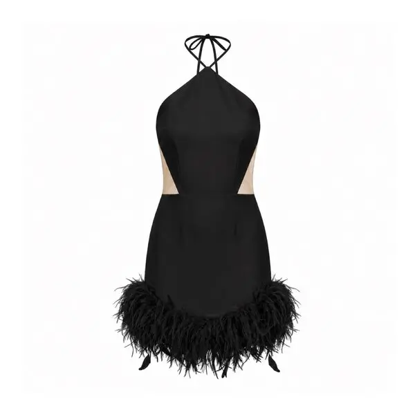 NOMI FAME Peony Mini Halter Neck Dress With Feather Trim - Black