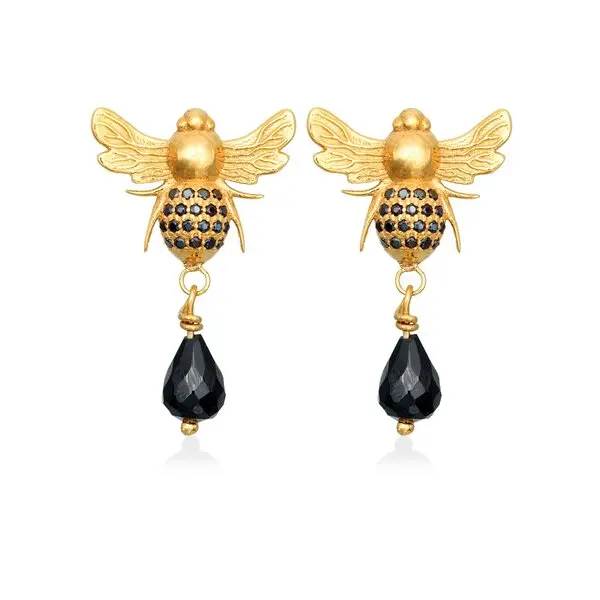 MYRTO KATRAMADOU JEWELLERY Gold / Black Queen Bee Stud Earrings With Black Spinel Briolette Drop