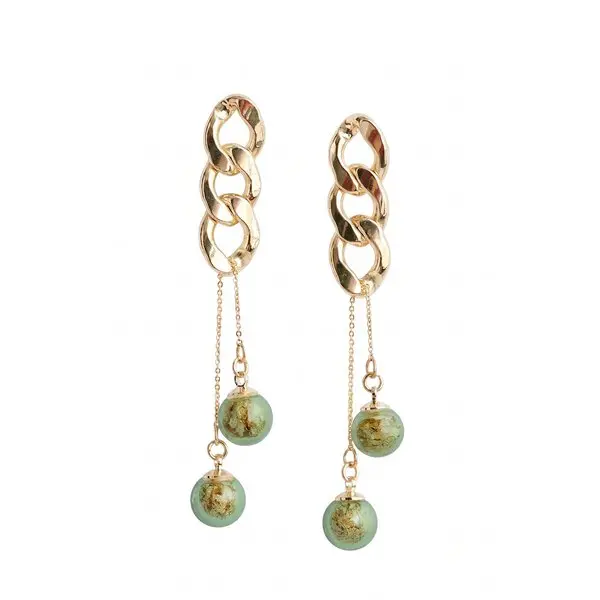 PAISIE Gold / Green Double Sphere Chain Earrings In Green - Gold/green